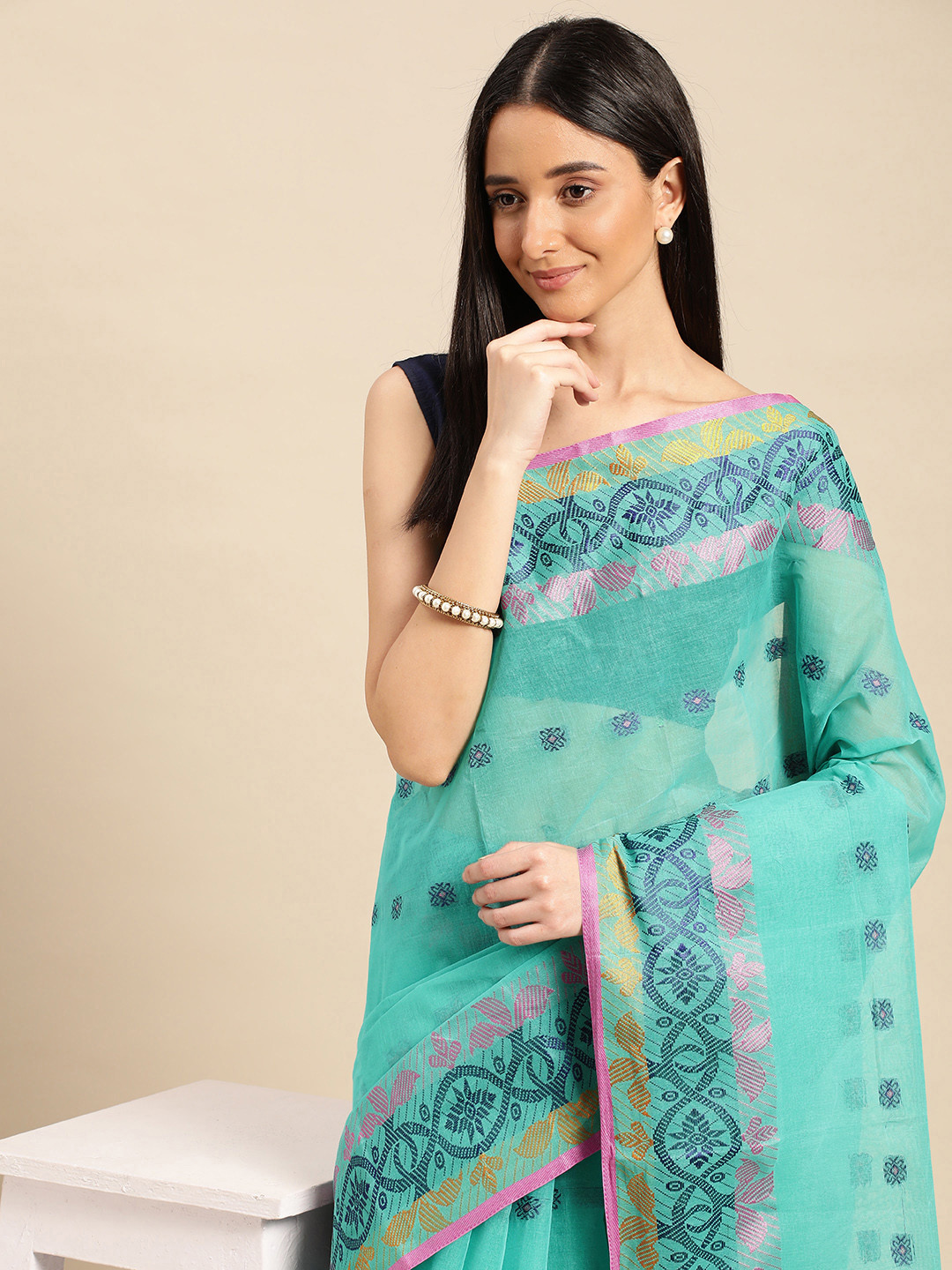 Buy DESH BIDESH Ethnic Motifs Pure Cotton Taant Saree - Sarees for ...