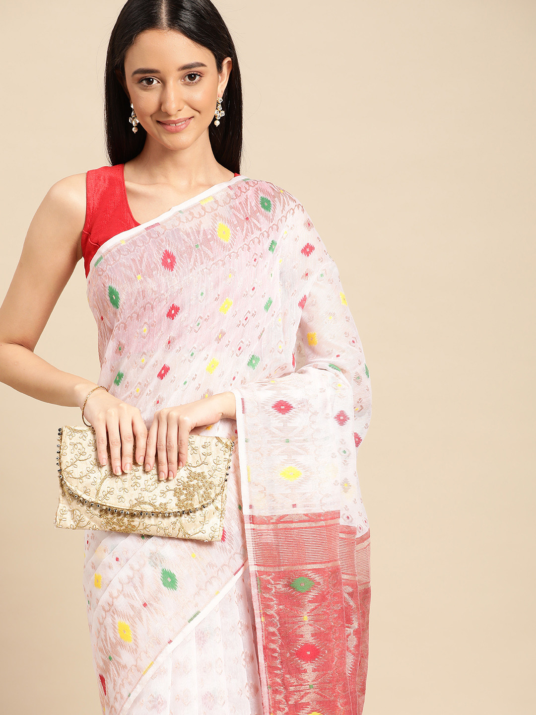 Buy DESH BIDESH Woven Design Ethnic Motifs Pure Cotton Jamdani Saree ...