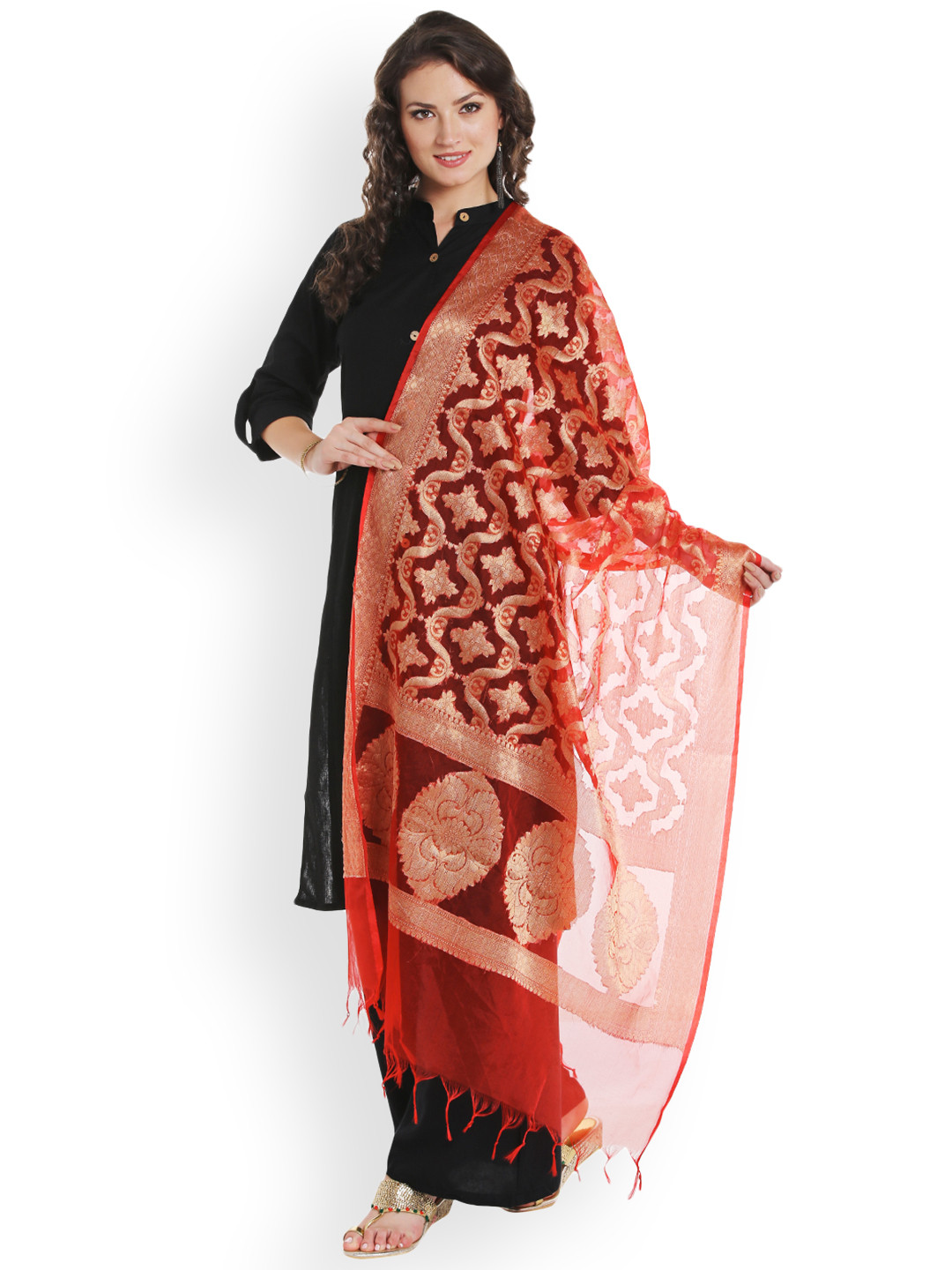 Buy Dupatta Bazaar Gold Toned & Red Dupatta With Woven Design - Dupatta ...
