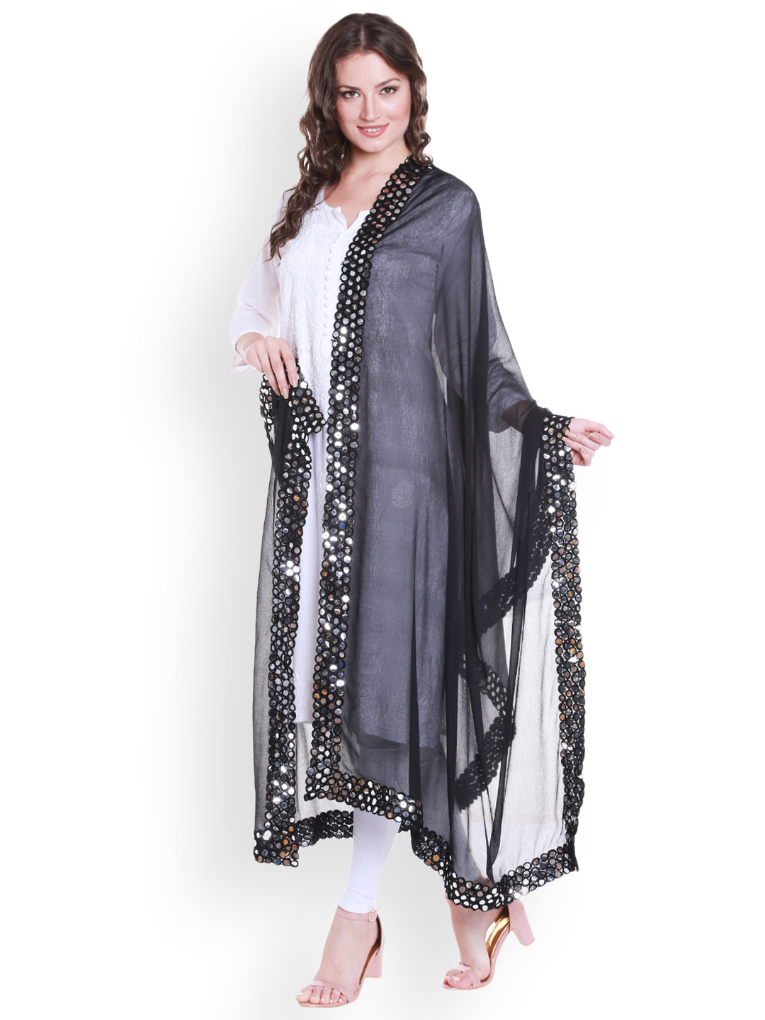 Buy Dupatta Bazaar Black Mirror Work Embellished Chiffon Dupatta ...