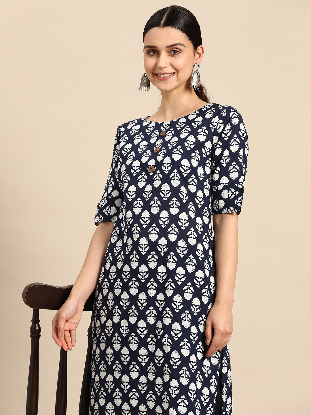 Buy Anouk Women Floral Printed Pure Cotton Indigo Kurta Kurtas For