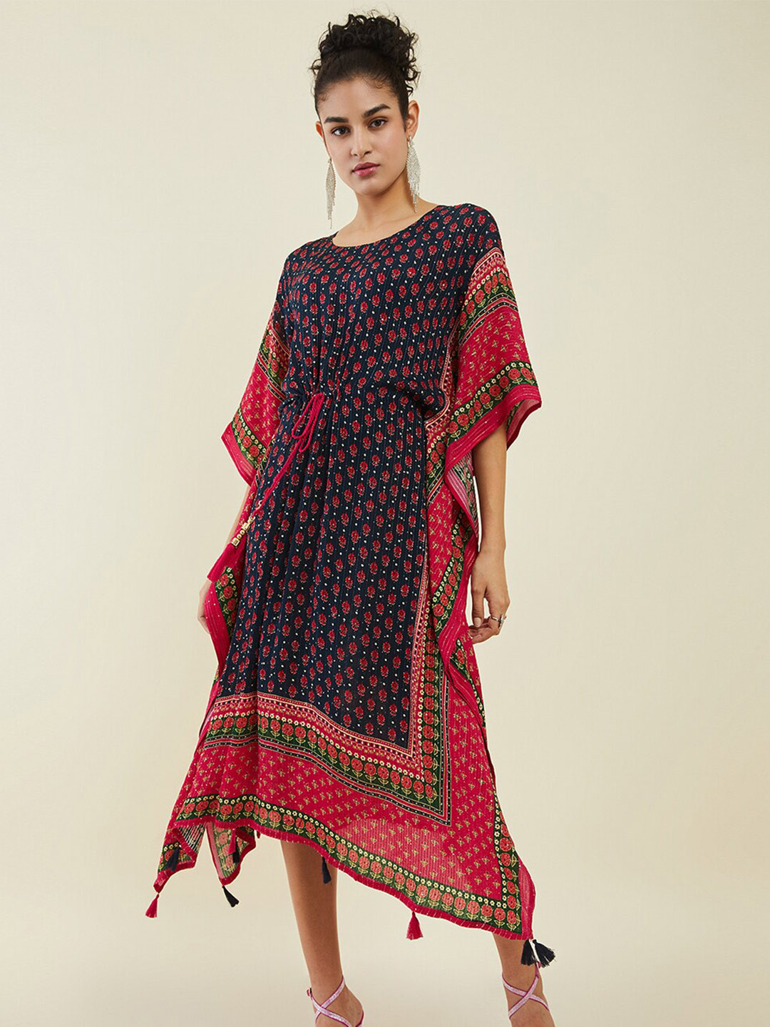 Buy Soch Ethnic Motifs Printed Semi Sheer Tie Up Detail Kaftan Dress ...