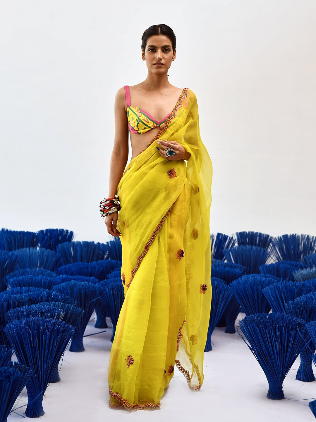 Buy Baise Gaba Yellow & Red Floral Beads And Stones Organza Saree ...