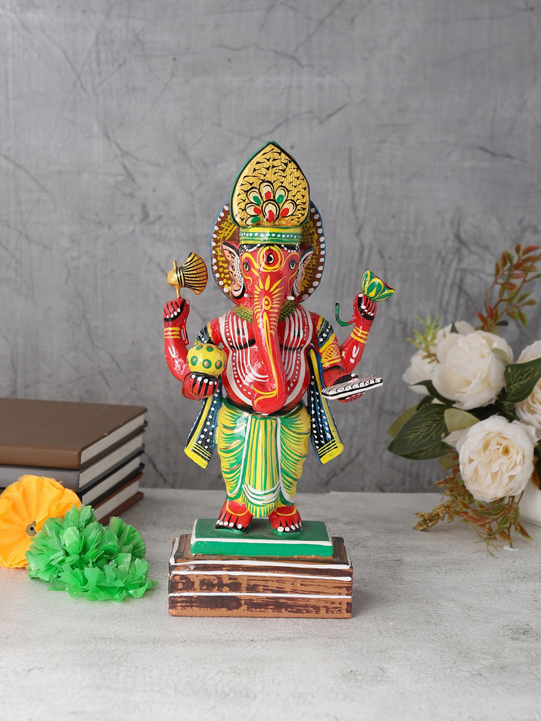 Buy VarEesha Red & Yellow Wooden Ganesha Idol Showpiece - Showpieces ...
