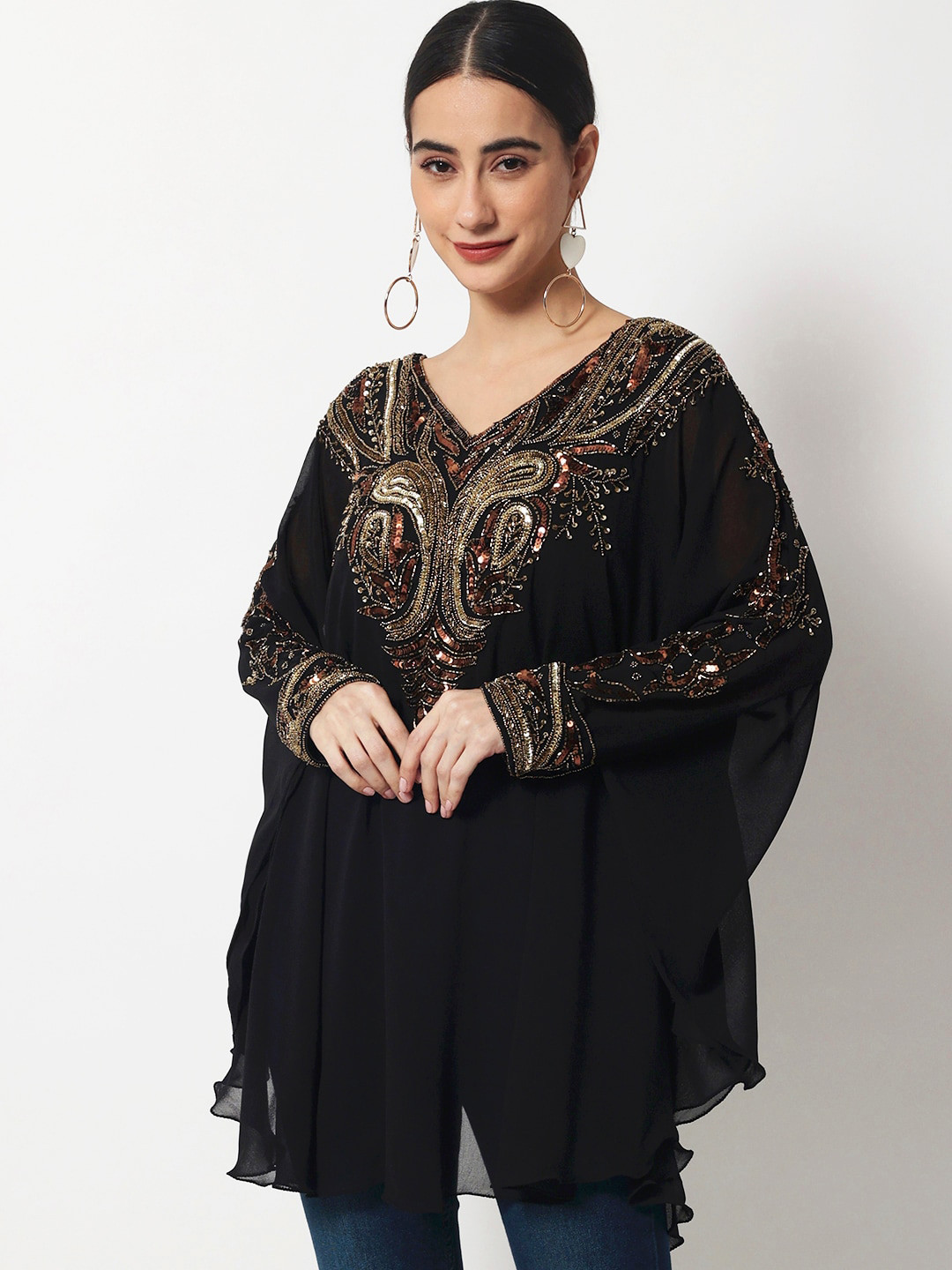 Buy LE BOURGEOIS Embroidered V Neck Kaftan Dress - Kurtas for Women ...