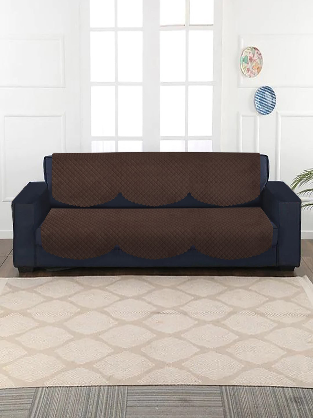 Buy HOSTA HOMES Brown Patterned Quilted Velvet 5 Seater Sofa Covers ...