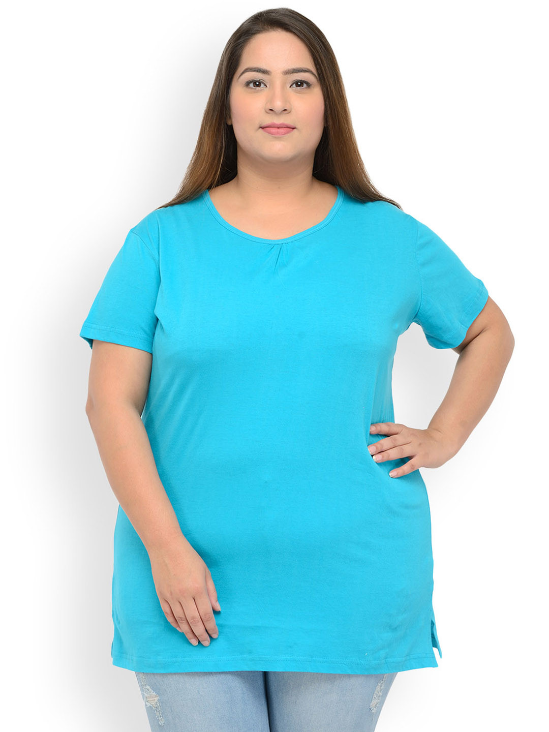 Buy PlusS Women Turquoise Blue Solid Round Neck Pure Cotton T Shirt ...