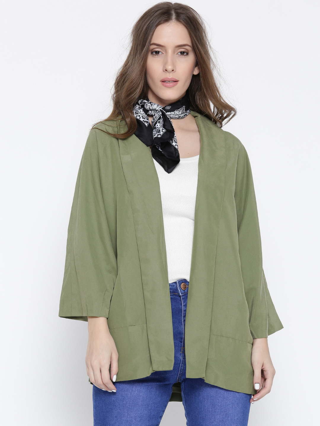 Buy FOREVER 21 Women Olive Green Solid Open Front Jacket - Jackets for ...