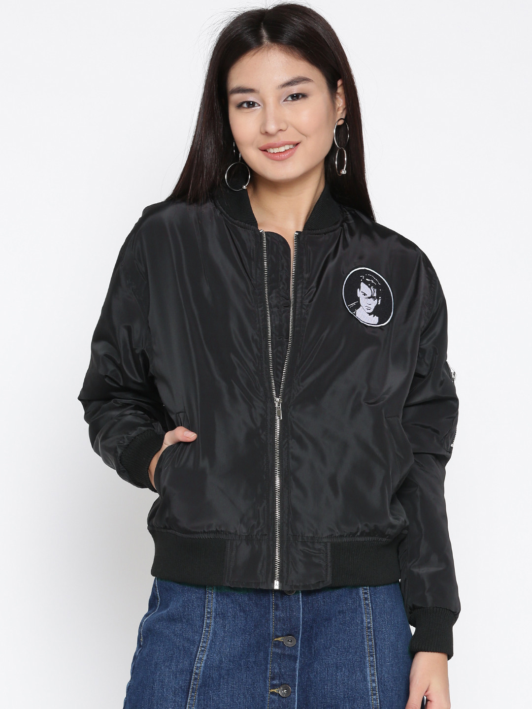 Buy FOREVER 21 Women Black Applique Detail Bomber Jacket - Jackets for ...