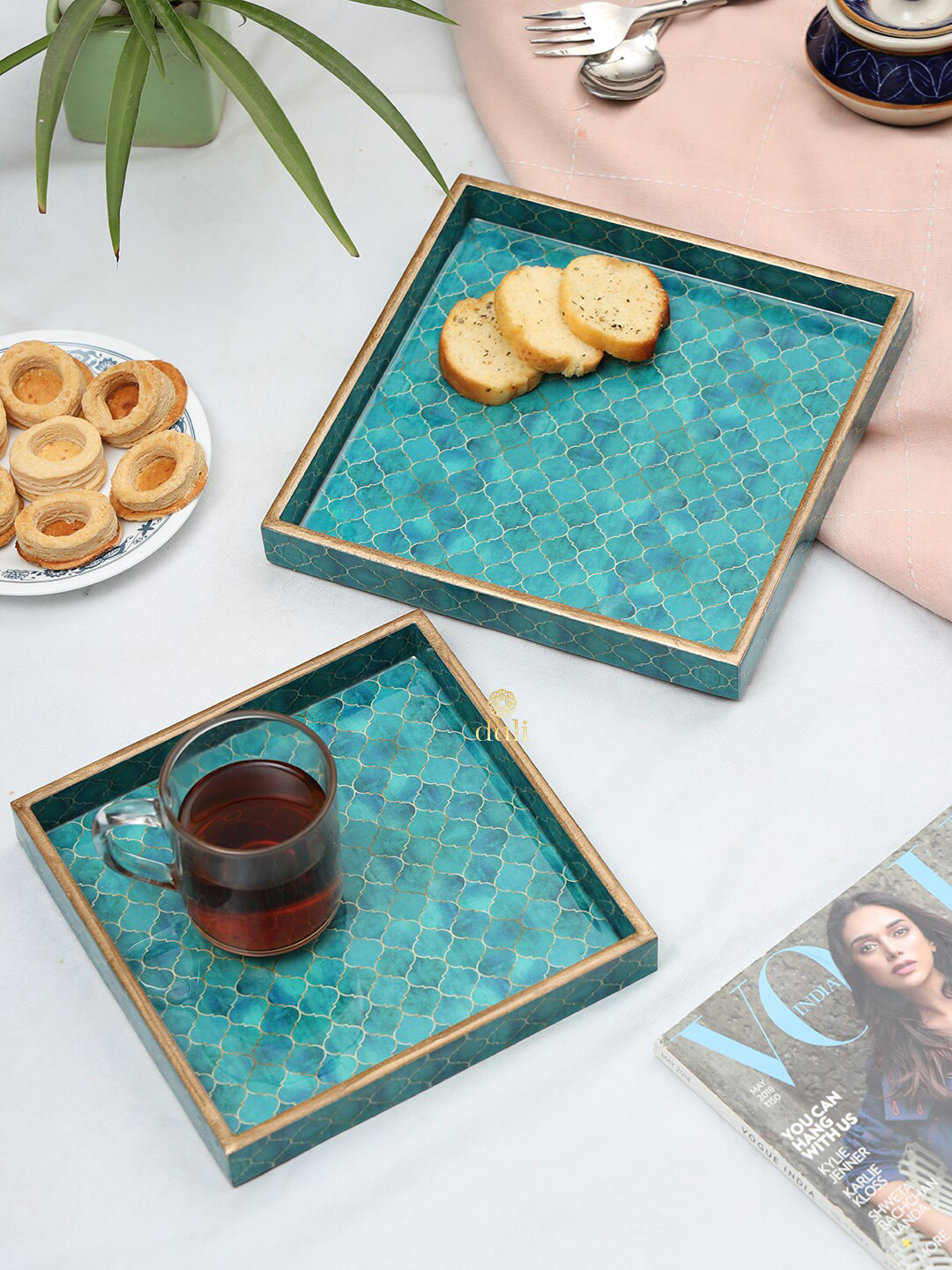 Buy DULI Set 2 Teal Green Printed Enamel Coated Multipurpose Serving ...