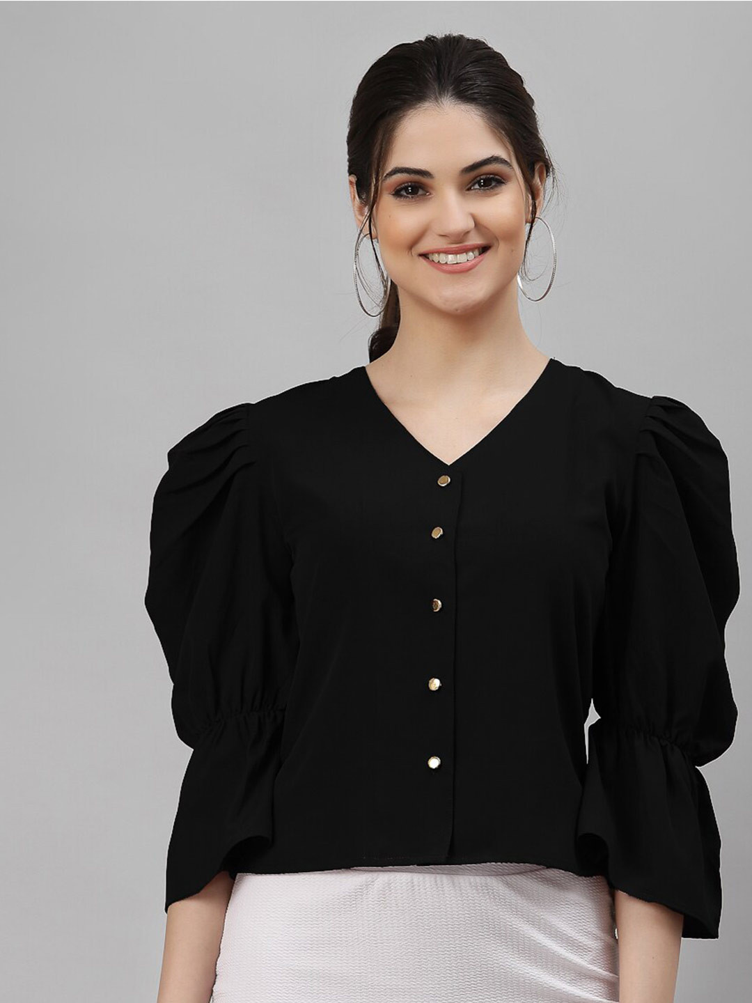 Buy NEUDIS Puff Sleeves V Neck Front Open Top - Tops for Women 21732870 ...