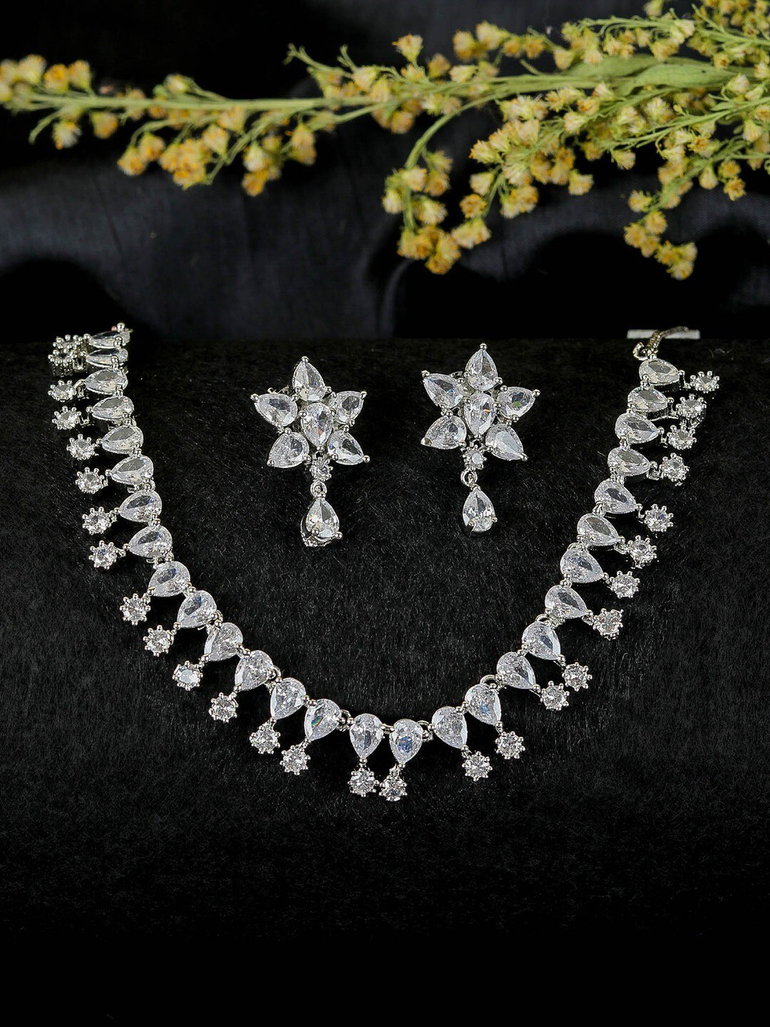 Buy SwaDev Women Silver Plated AD Studded Necklace And Earrings ...