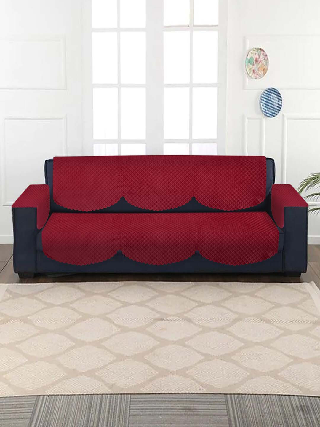 Buy HOSTA HOMES Maroon Self Design Quilted Velvet 3 Seater Sofa Covers ...