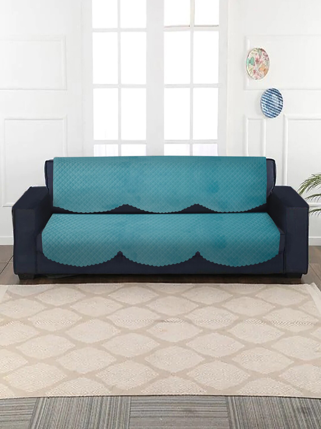 Buy HOSTA HOMES Turquoise Blue Velvet Quilted 3 Seater Sofa Cover With ...