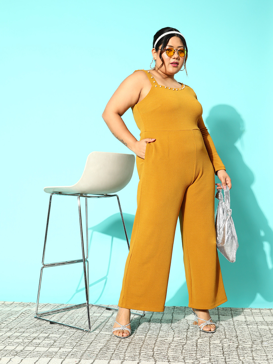 Buy CURVE BY KASSUALLY Plus Size Mustard Embellished Basic Jumpsuit ...
