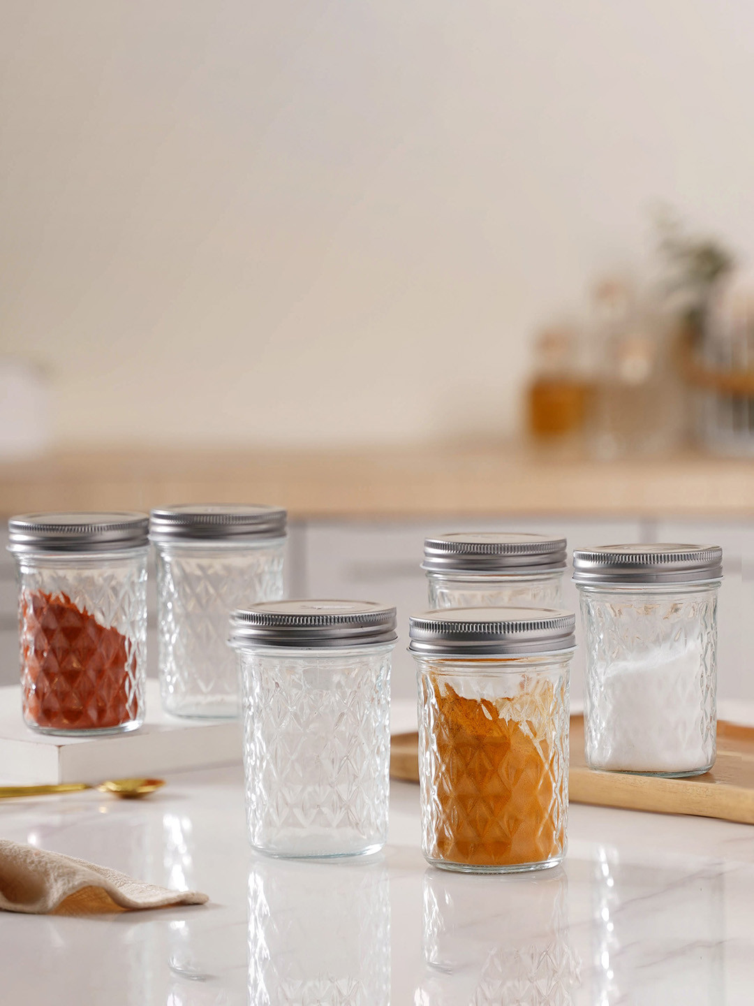 Buy Nestasia Transparent 6 Pcs Textured Glass Mason Jars With Airtight ...