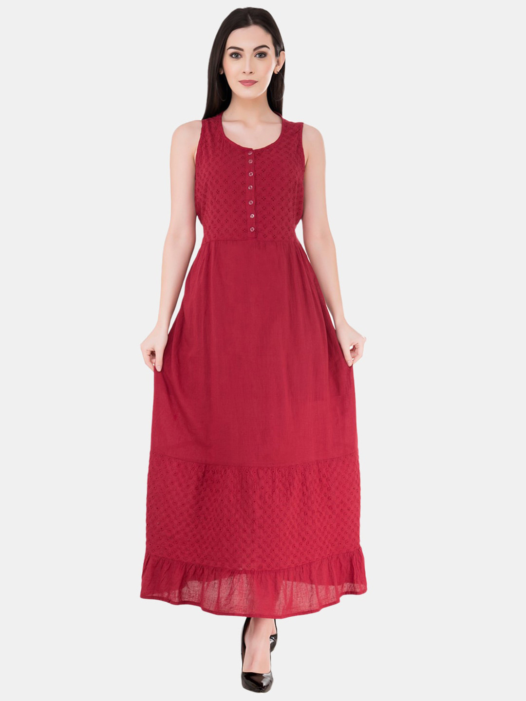 Buy SAAKAA Self Design Sleeveless Maxi Fit & Flare Dress - Dresses for ...