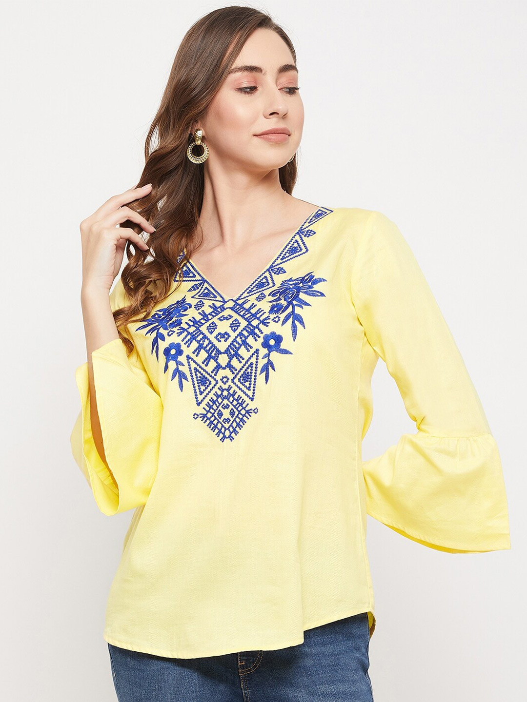 Buy Ruhaans Yellow Ethnic Motifs Embroidered Cotton Top - Tops for ...
