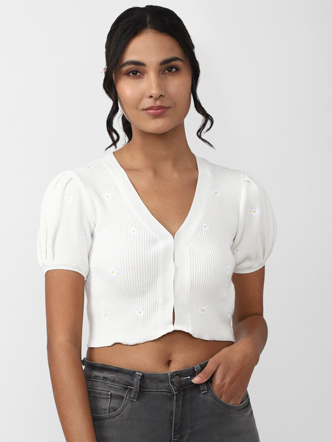 Buy FOREVER 21 Women V Neck Ribbed Crop Pure Cotton Cardigan - Sweaters ...