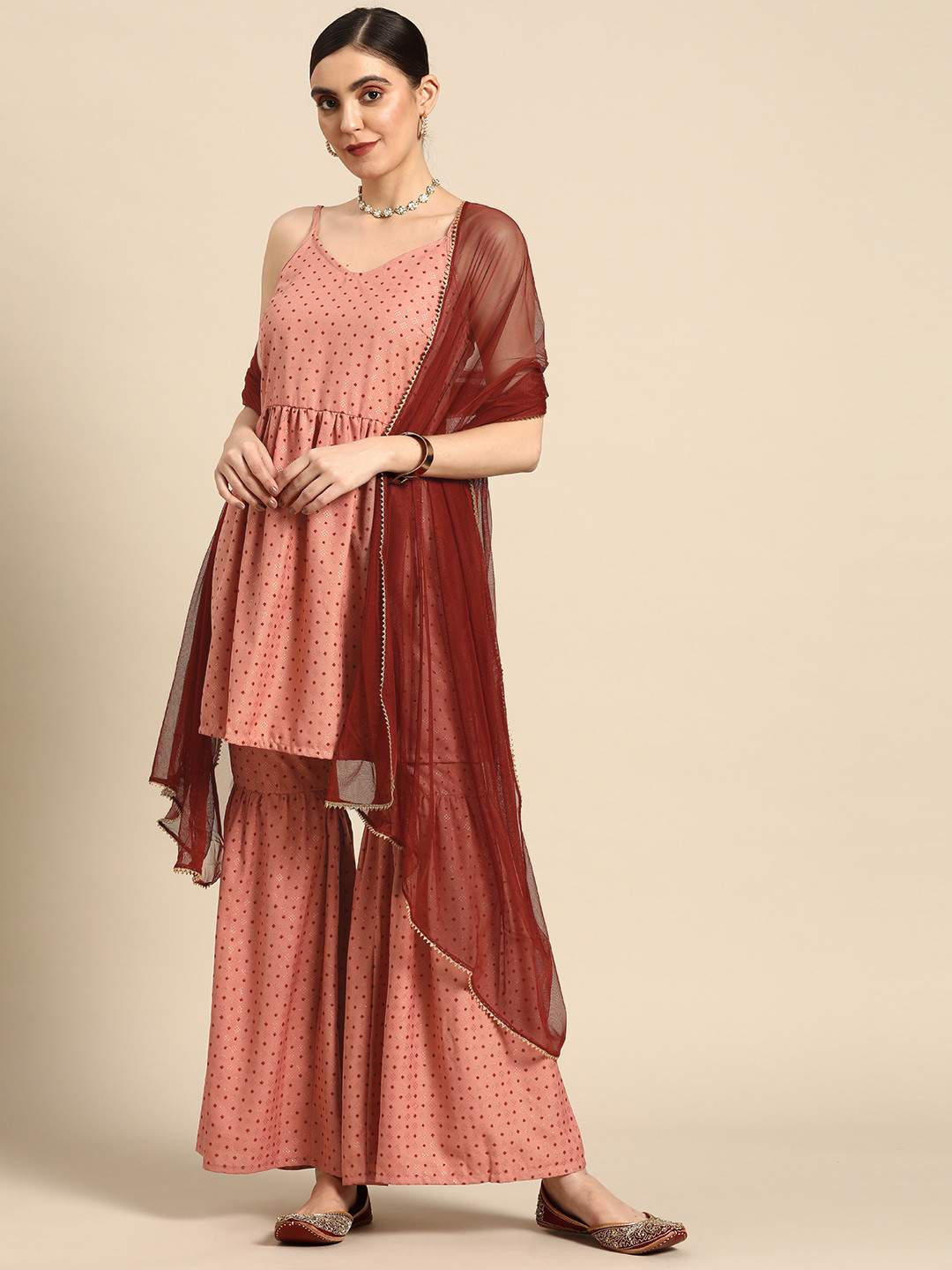 Buy Anouk Women Printed Pleated Kurti With Sharara & Dupatta - Kurta ...