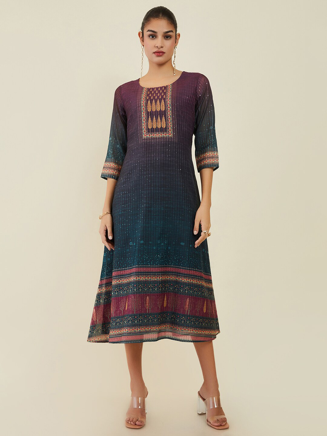 Buy Soch Purple Ethnic Motifs Printed Sequined A Line Ethnic Dress ...
