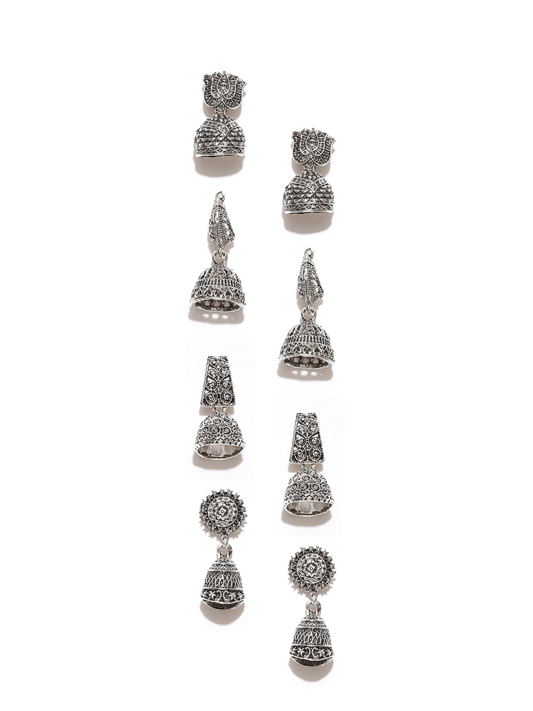 Buy Zaveri Pearls Set Of 4 Oxidised Silver Plated Textured Jhumkas