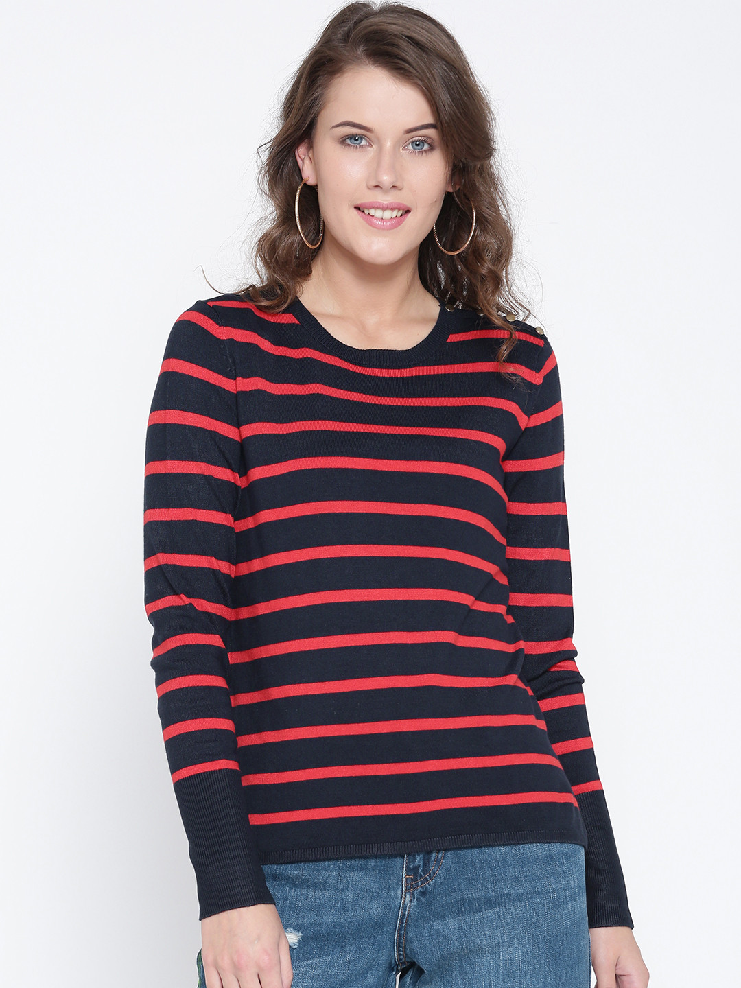 Buy ONLY Women Navy Blue & Red Striped Sweater - Sweaters for Women ...