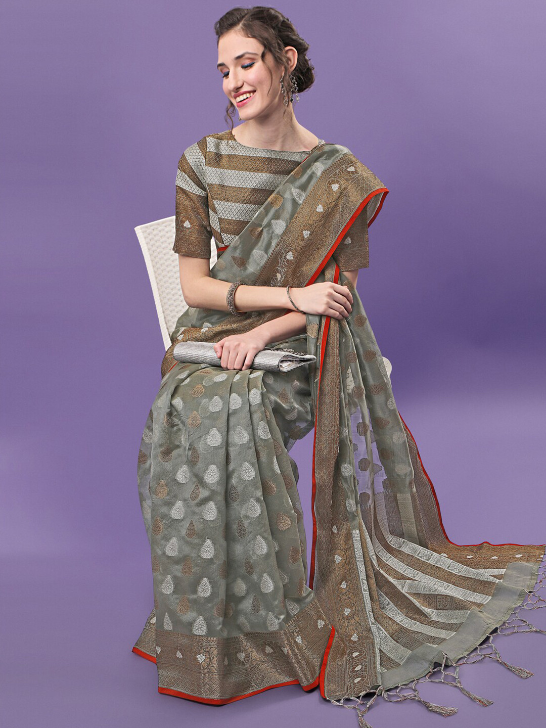 Buy Sangria Ethnic Motif Woven Design Organza Saree - Sarees for Women ...