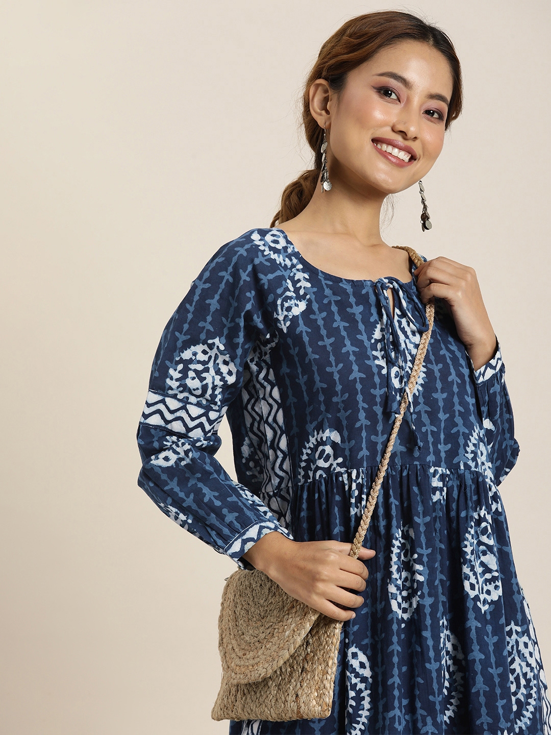 Buy Taavi Indigo Ethnic Motifs Printed Tie Up Neck Pure Cotton Ethnic A