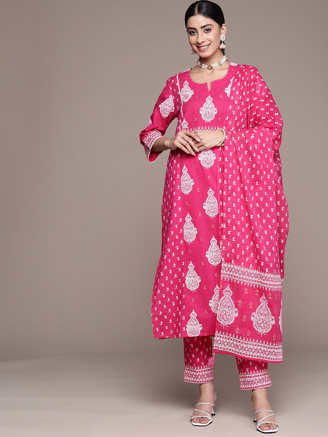 Buy Anubhutee Women Ethnic Motifs Printed Sequinned Pure Cotton Kurta