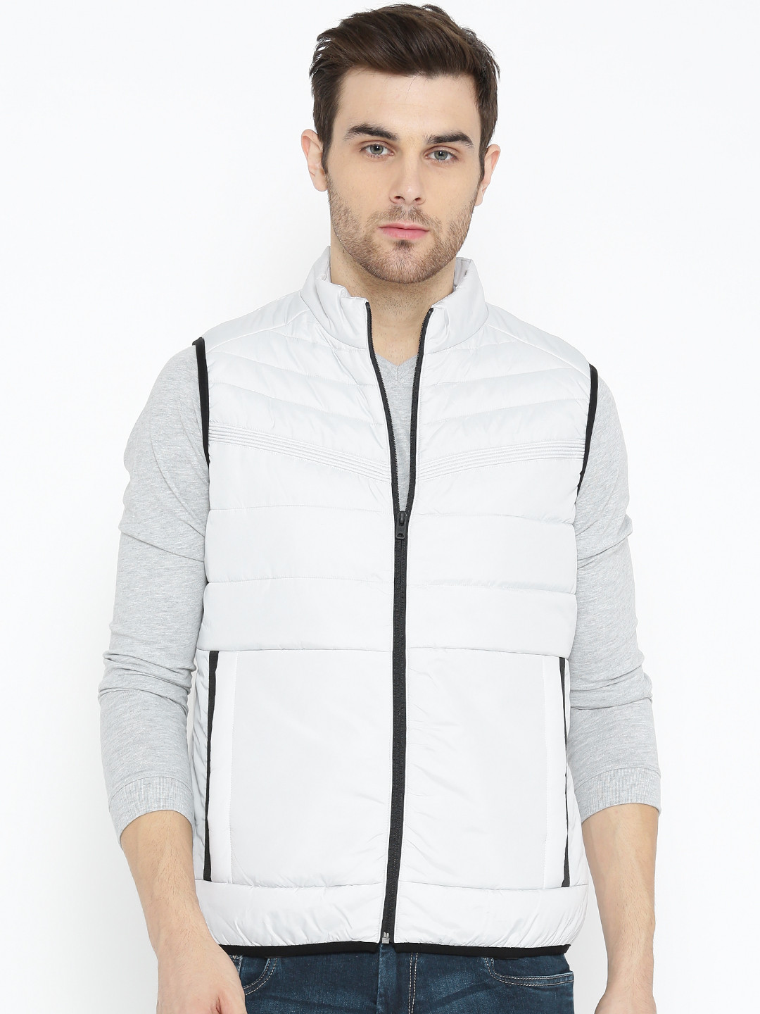 Buy Jack & Jones Men Off White Solid Sleeveless Quilted Jacket ...