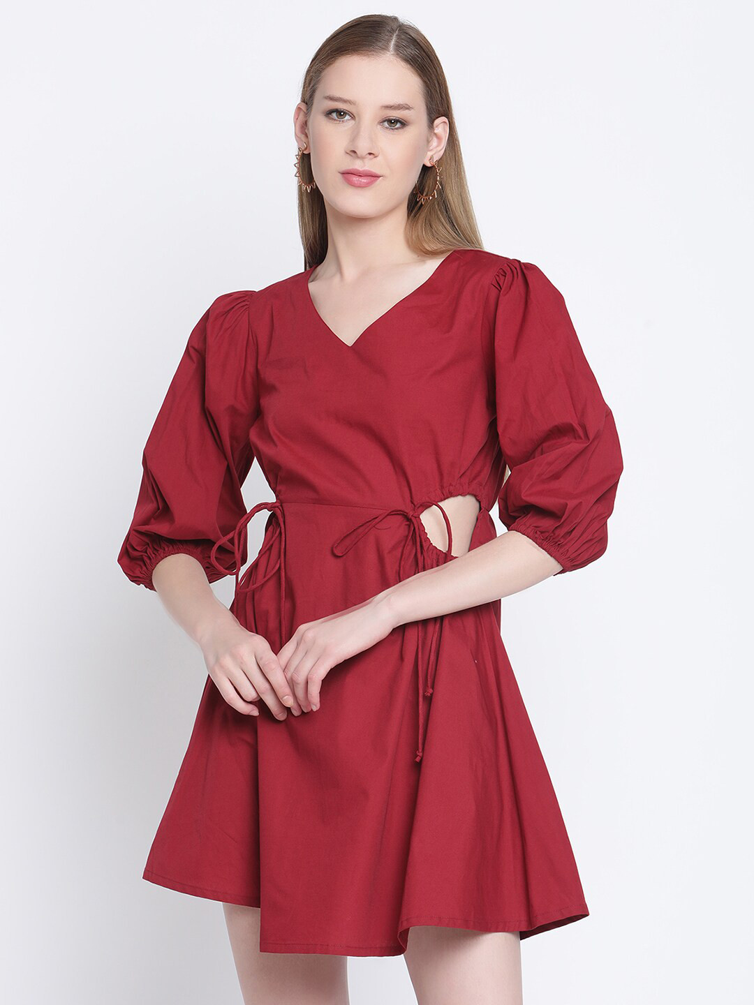 Buy The Vanca V Neck Puff Sleeve Fit And Flare Cotton Mini Dress ...