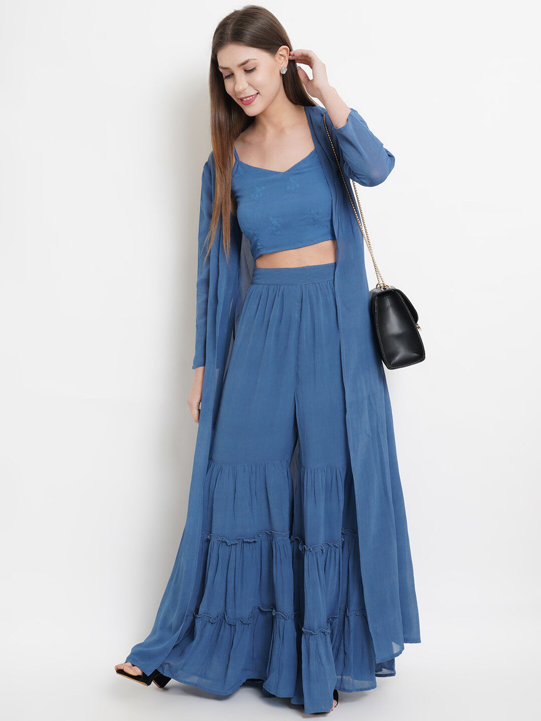 Buy Purple State Women Floral Embroidered Crop Top & Sharara With Shrug ...