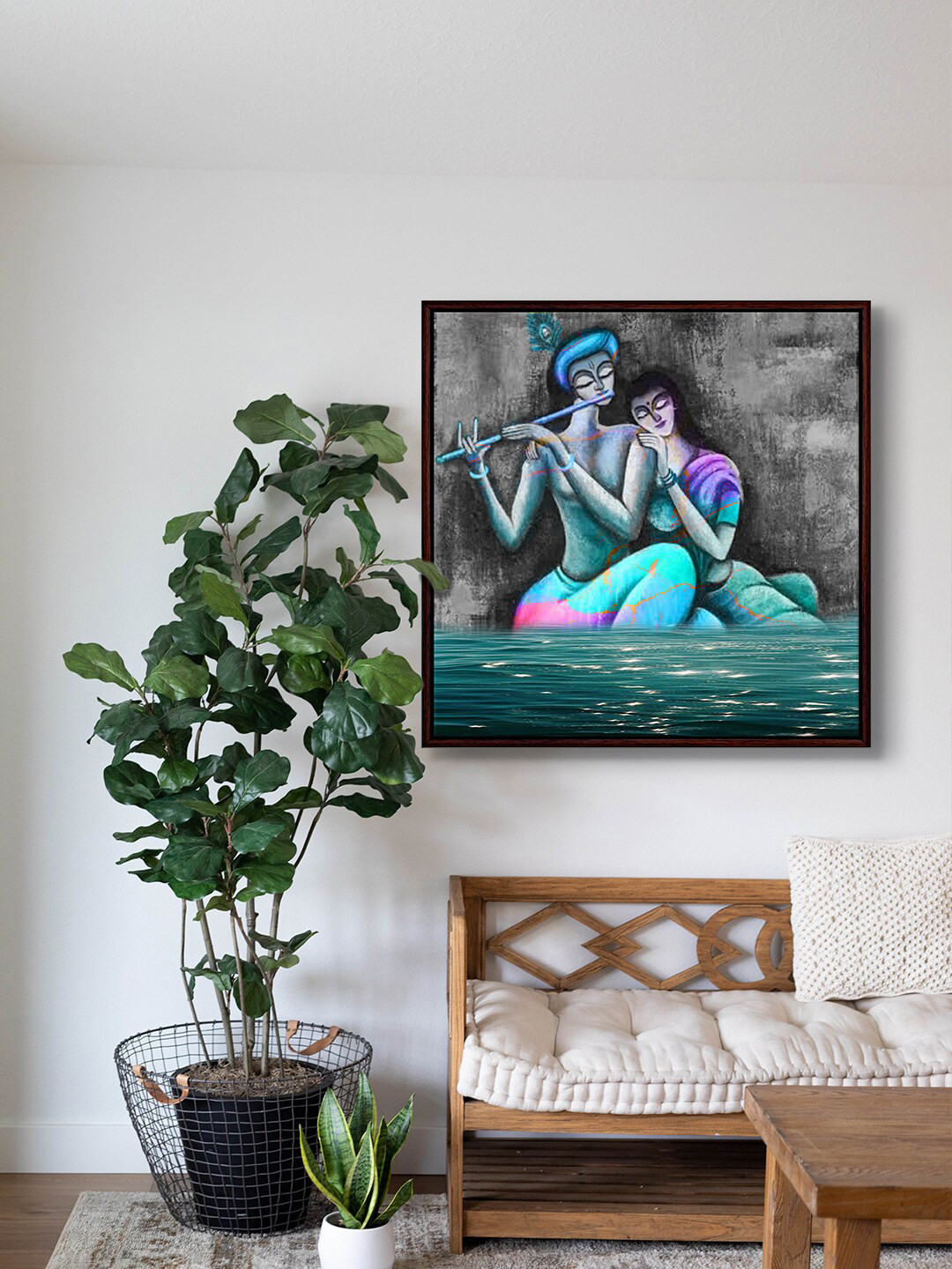 Buy 999Store Grey & Blue Radha Krishna Playing Flute Canvas Wall Art ...
