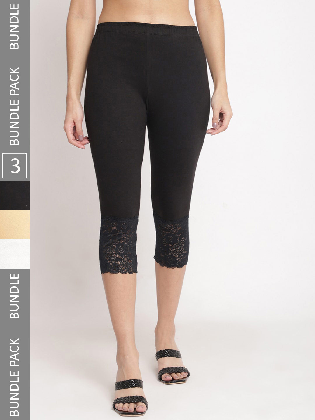 Buy GRACIT Women Pack Of 3 Skinny Fit Pure Cotton Lace Hem Capris ...