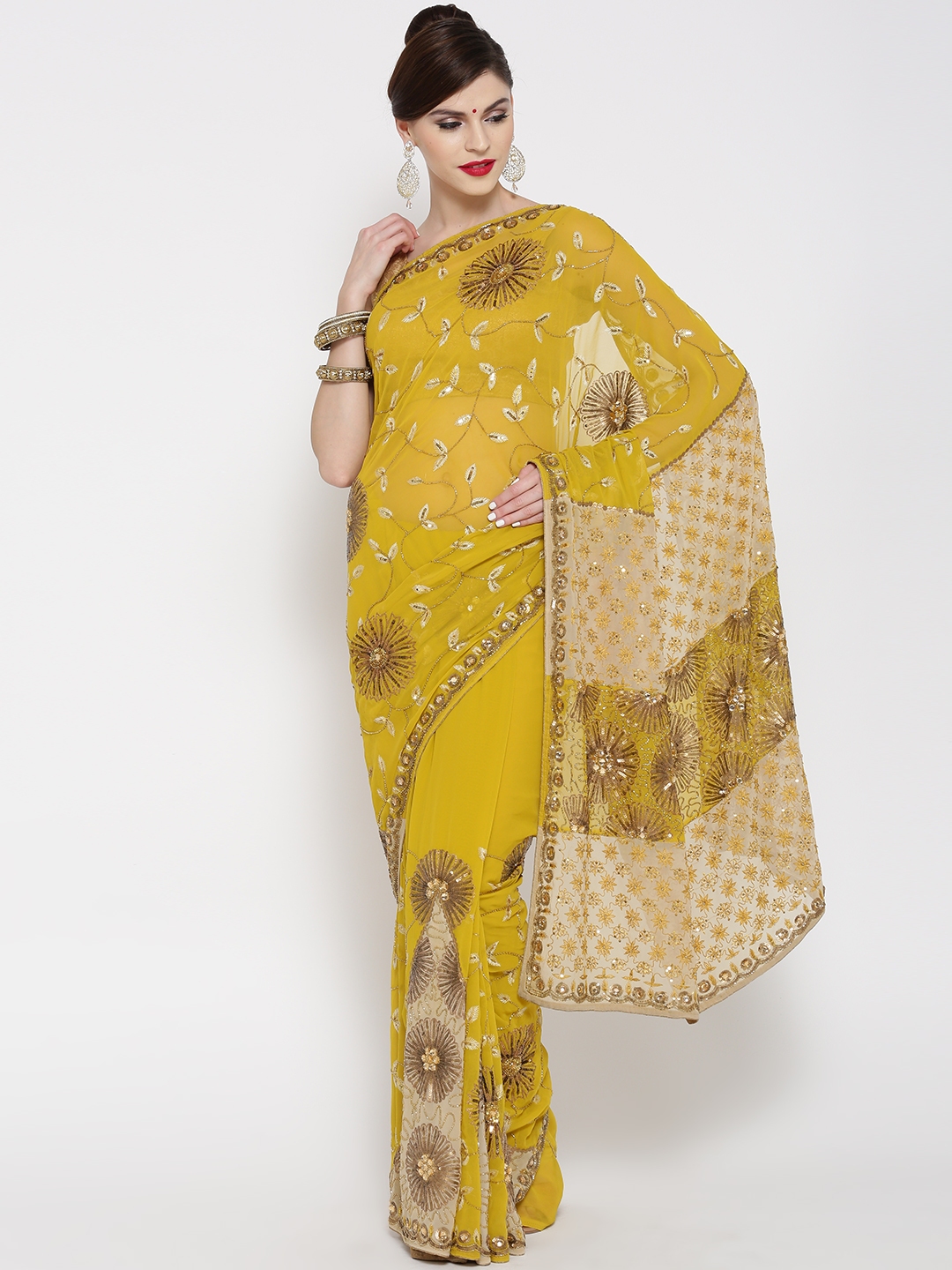 Buy Chhabra 555 Mustard Yellow Embellished Pure Georgette Saree ... Buy Chhabra 555 Mustard Yellow Embellished Pure Georgette Saree ...