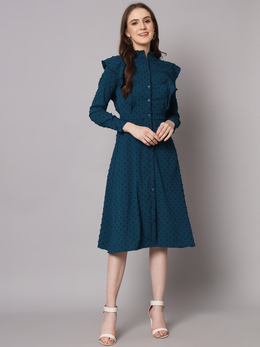 Buy The Vanca Self Design Ruffles Mandarin Collar Flare Midi Dress ...