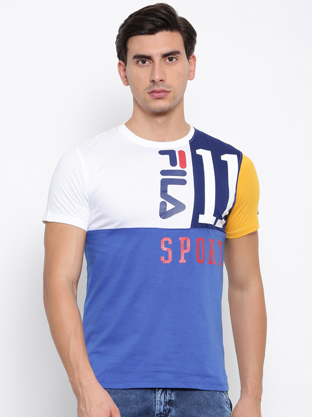Buy FILA Men Blue & White Colourblocked Round Neck T Shirt - Tshirts ...