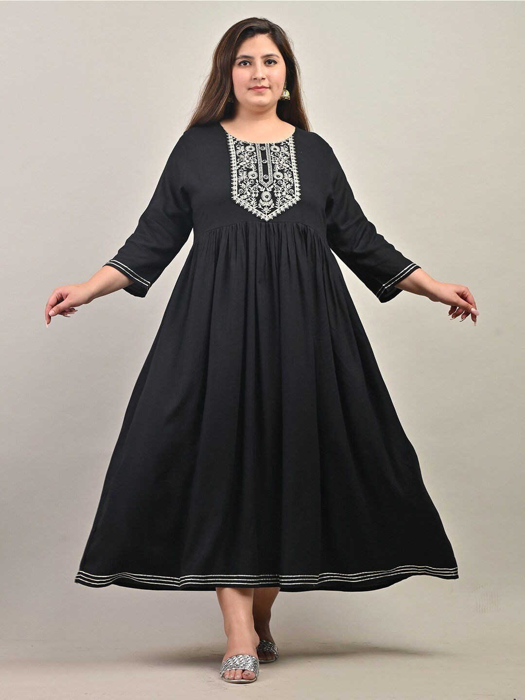 Buy Swasti Plus Size Round Neck Gathered Ethnic Motifs Embroidered Gown ...