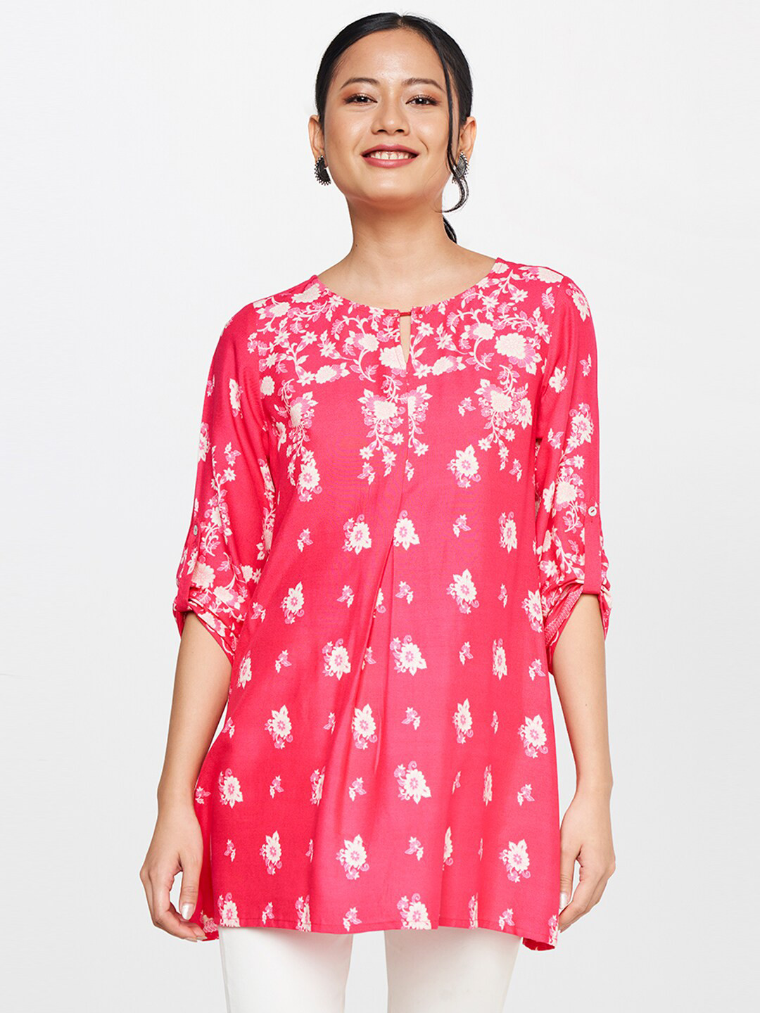 Buy Global Desi Floral Printed Keyhole Neck Roll Up Neck A Line Top ...