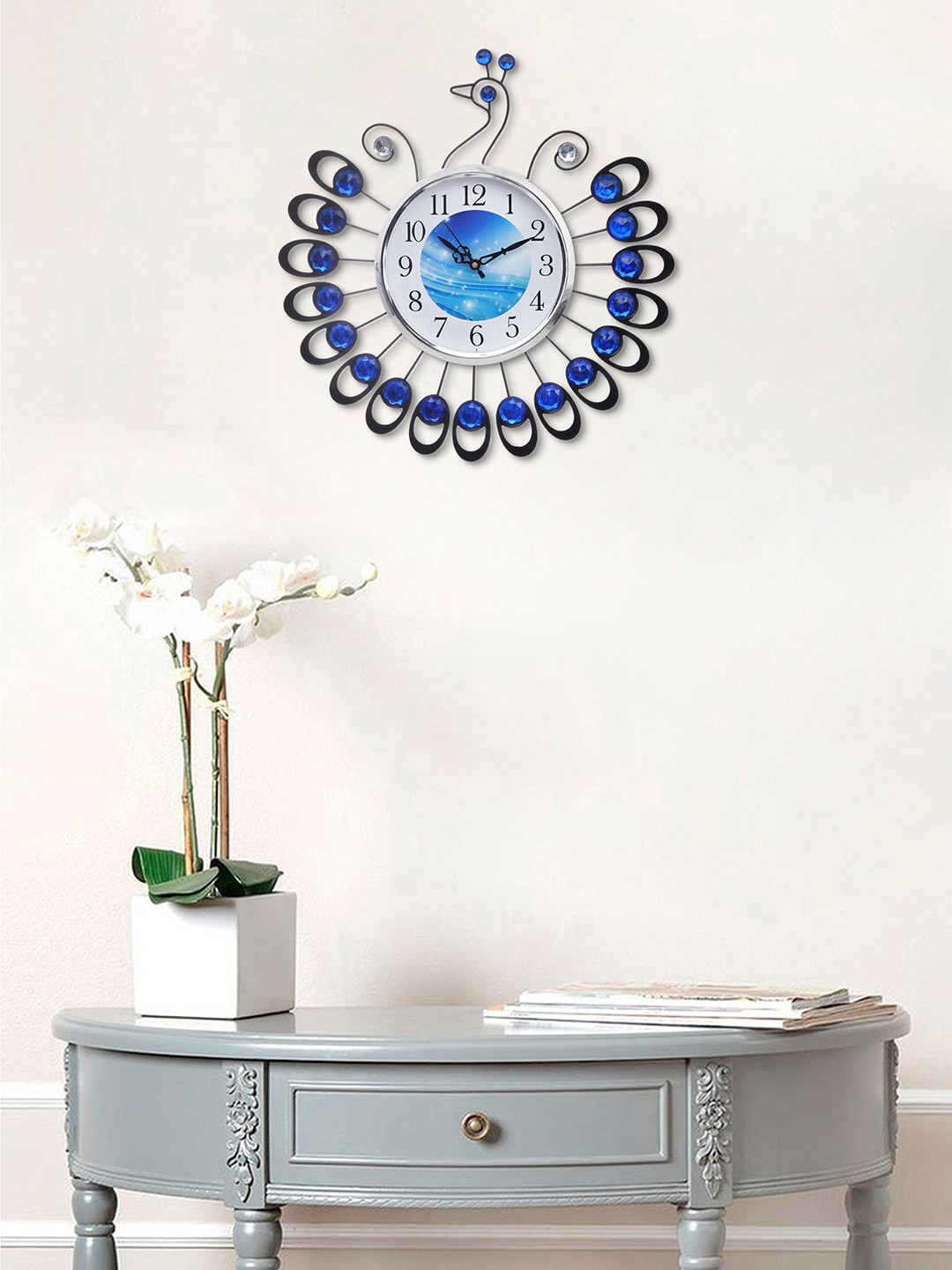 Buy ECraftIndia Blue & Silver Toned Embellished Contemporary Wall Clock ...