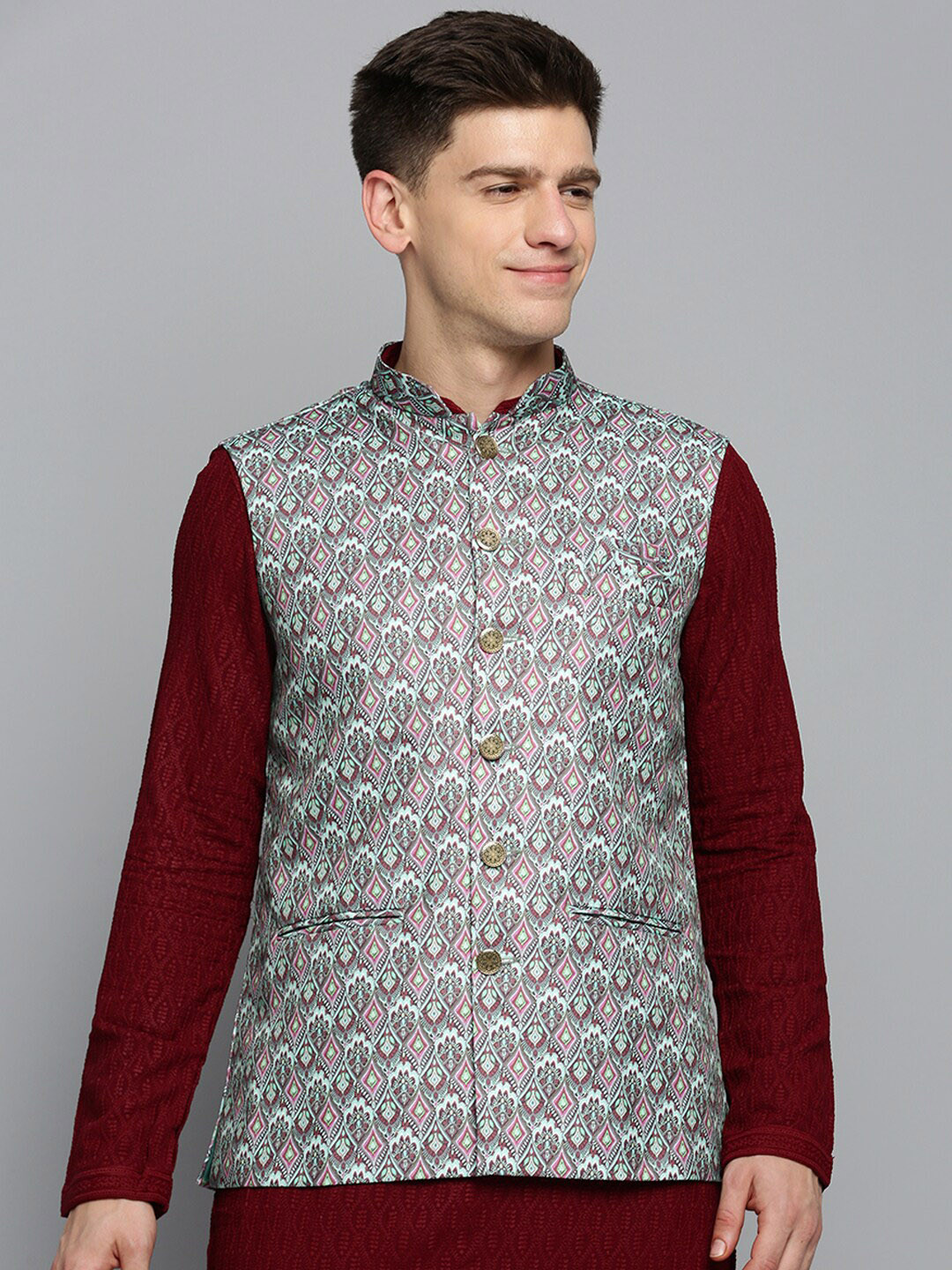 Buy SHOWOFF Ethnic Motifs Printed Mandarin Collar Ethnic Nehru Jacket ...