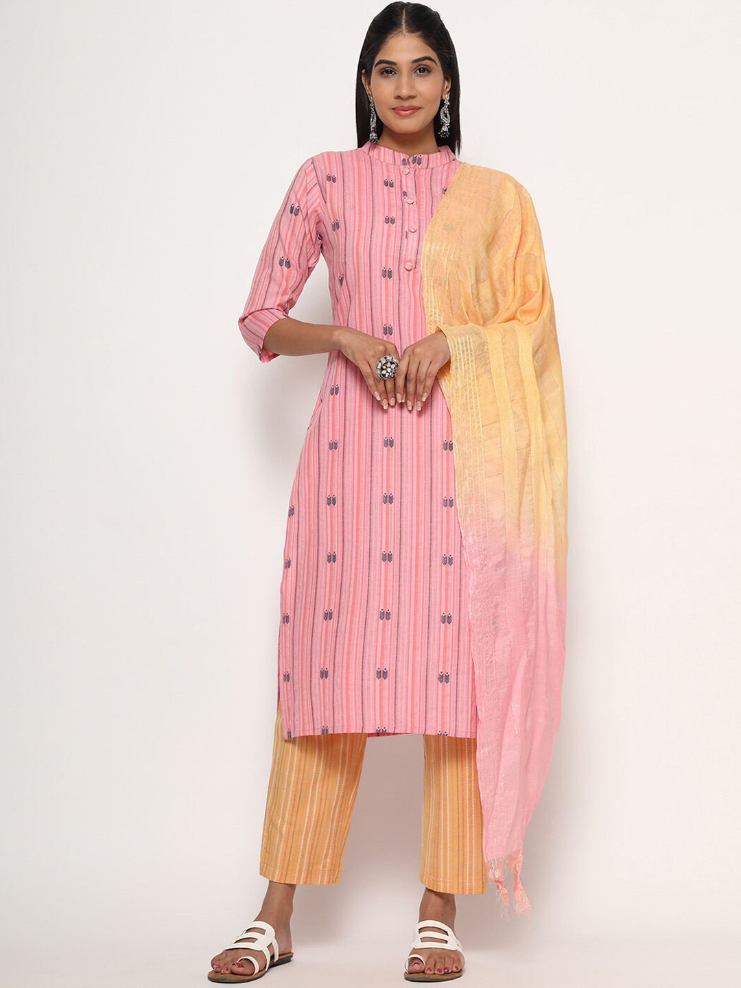 Buy KALINI Mandarin Collar Striped Kurta With Trousers & Dupatta ...
