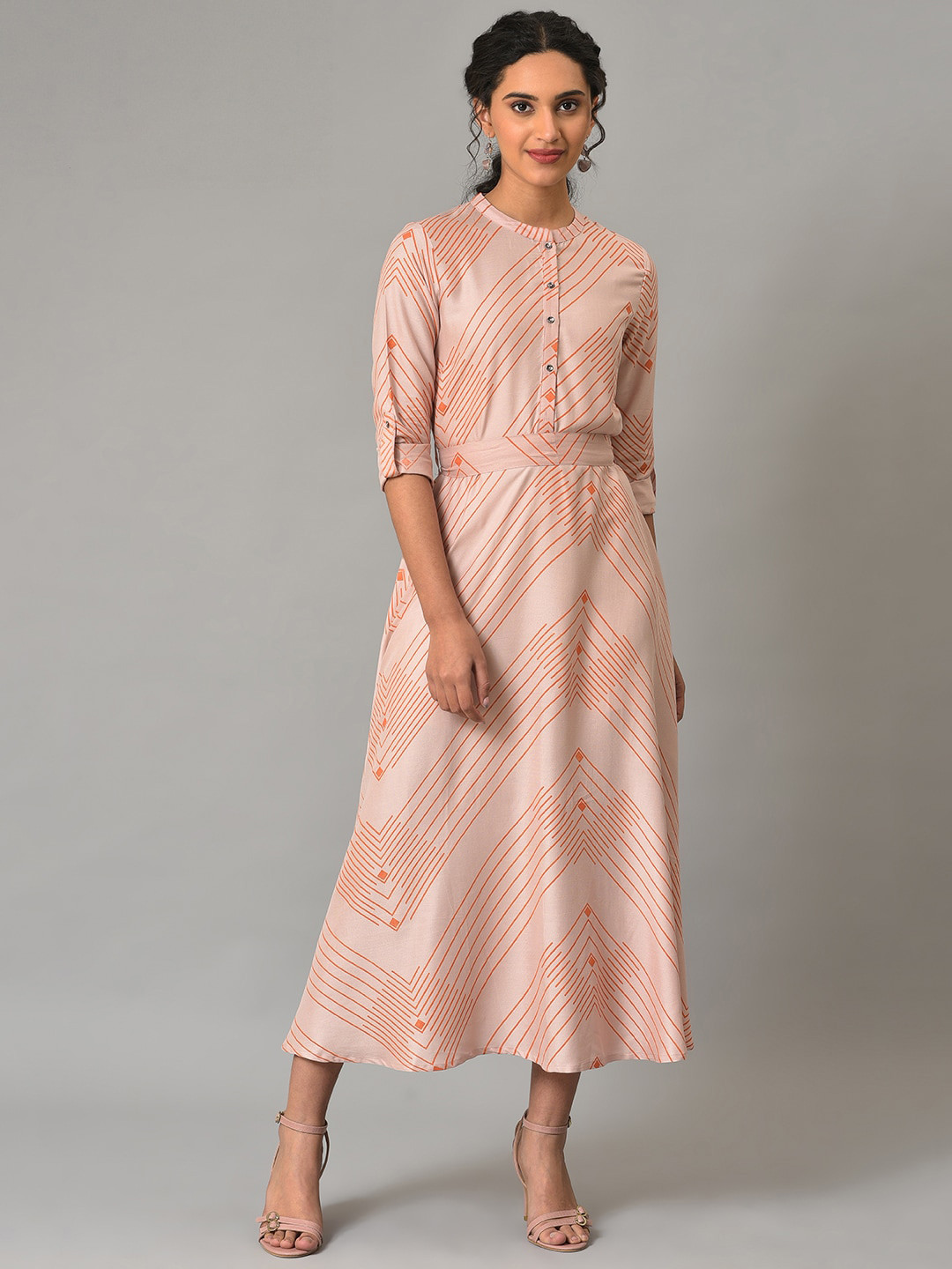 Buy W Pink Mandarin Collar Striped A Line Midi Fit And Flare Dress ...