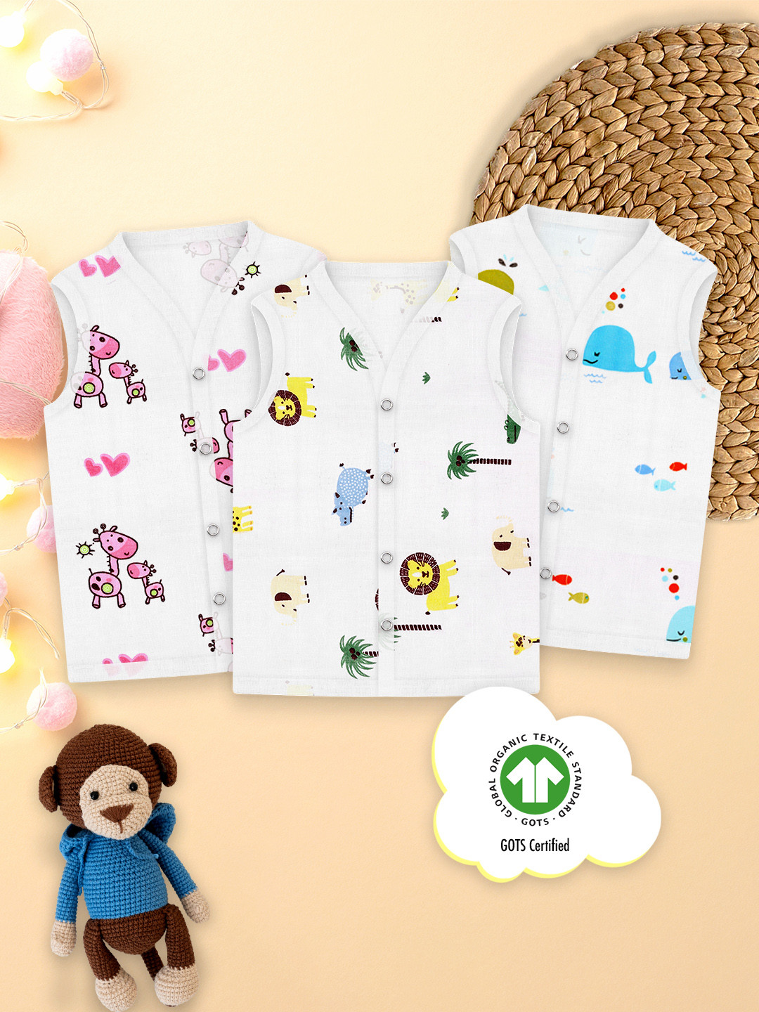 Buy Moms Home Infants Pack Of 3 Printed Organic Cotton Muslin Jhabla ...