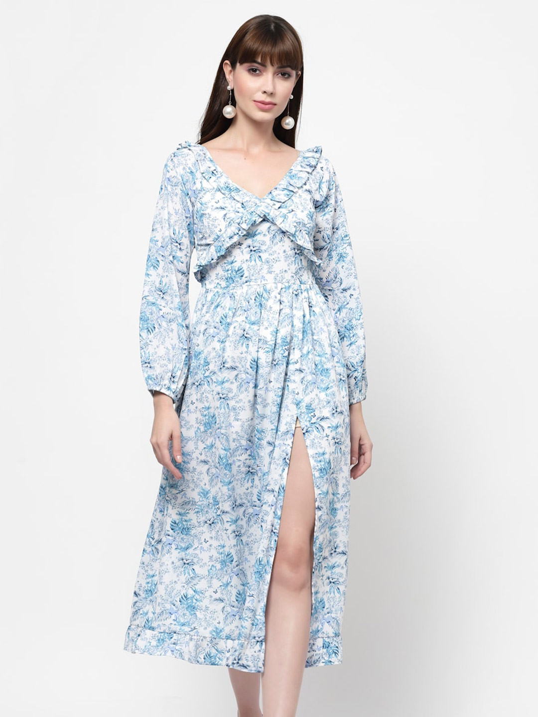 Buy FLAWLESS V Neck Floral Printed High Slit Smocked Fit & Flare Dress ...