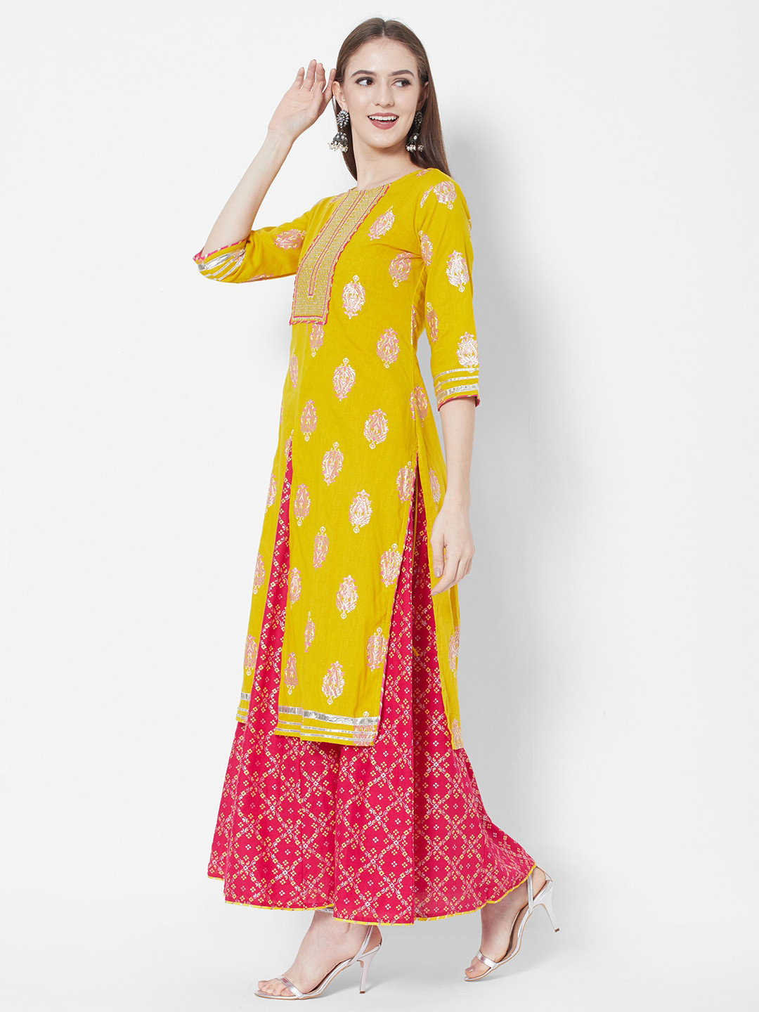 Buy Vedic Ethnic Motifs Printed Cotton Layered Maxi Dress With ...