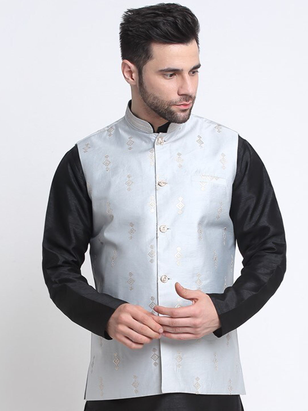 Buy KRAFT INDIA Embroidered Mandarin Collar Ethnic Nehru Jacket - Nehru ...