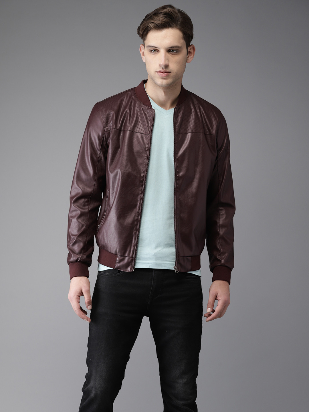 Buy Flying Machine Men Burgundy Solid Bomber Jacket - Jackets for Men ...