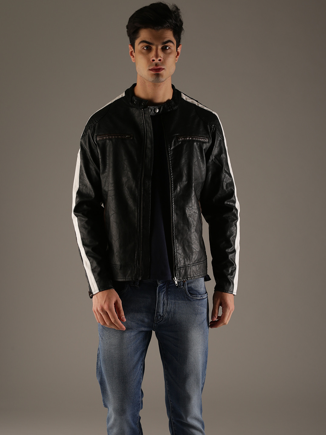 Buy Flying Machine Men Black Solid Biker Jacket - Jackets for Men ...